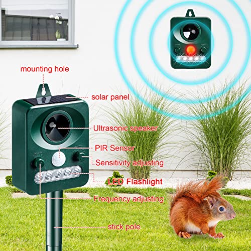 Solar Animal Repeller Animal Deterrent Devices Outdoor with Spike Repel Dogs, Cat, Squirrels, Raccoon, Rat Ultrasonic Animal Repeller Waterproof for Garden Yard House Use (4)