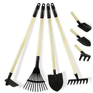 pomiku kids garden tools set, shovel, rake for leaves, spade, hoe, 7 pieces yard tools for toddlers gifts, steel heads & real wood handle