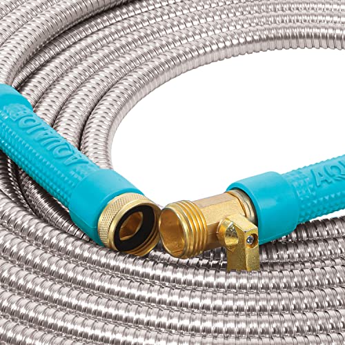 Aqua Joe AJSGH75-MAX Heavy-Duty Puncture Proof Kink-Free Garden Hose, 75-Foot, 1/2-Inch, w/Brass Fitting & On/Off Valve, Spiral Constructed 304-Stainless Steel Metal