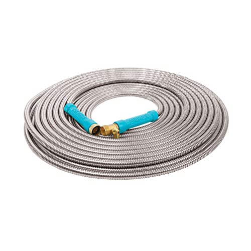 Aqua Joe AJSGH75-MAX Heavy-Duty Puncture Proof Kink-Free Garden Hose, 75-Foot, 1/2-Inch, w/Brass Fitting & On/Off Valve, Spiral Constructed 304-Stainless Steel Metal