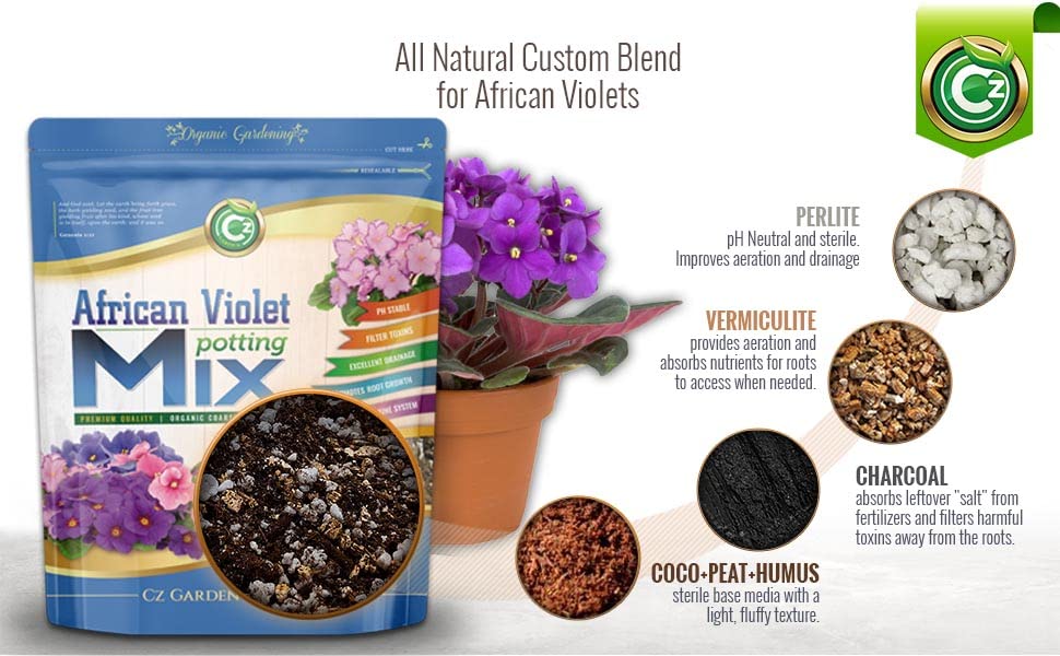 Organic African Violet Potting Mix - Made in USA with Premium Grade Ingredients - Coco Peat Humus • Perlite • Vermiculite • Horticultural Biochar Charcoal to Improve Plant Growth