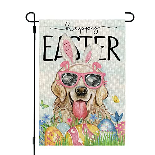 CROWNED BEAUTY Happy Easter Dog Garden Flag Golden Retriever 12x18 Inch Double Sided for Outside Burlap Small Yard Eggs Holiday Decoration CF706-12