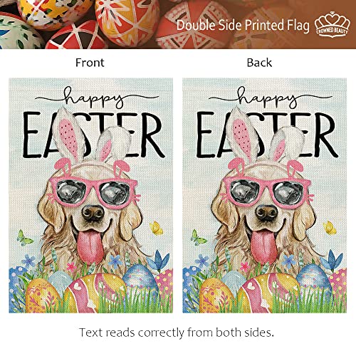 CROWNED BEAUTY Happy Easter Dog Garden Flag Golden Retriever 12x18 Inch Double Sided for Outside Burlap Small Yard Eggs Holiday Decoration CF706-12