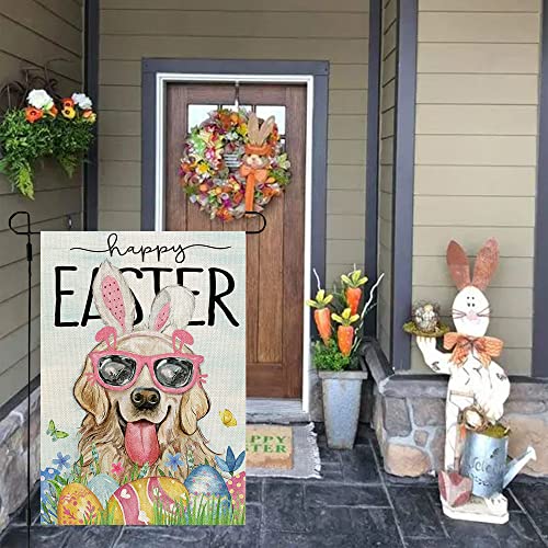 CROWNED BEAUTY Happy Easter Dog Garden Flag Golden Retriever 12x18 Inch Double Sided for Outside Burlap Small Yard Eggs Holiday Decoration CF706-12