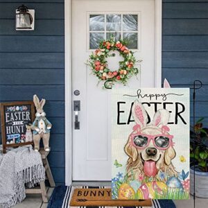 CROWNED BEAUTY Happy Easter Dog Garden Flag Golden Retriever 12x18 Inch Double Sided for Outside Burlap Small Yard Eggs Holiday Decoration CF706-12