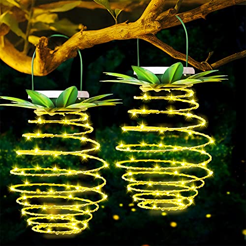 MZD8391 Upgraded 2Pack Outdoor Solar Hanging Lantern Lights, Waterproof 60 LED Pineapple Decorative Solar Lights Outdoor for Garden Patio Yard Lawn Tabletop Decoration, Warm White