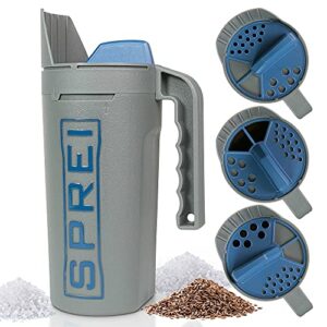 sprei spot spreader 80 oz handheld shake dispenser for salt, seed, grass and garden multiple sized openings for a variety of uses