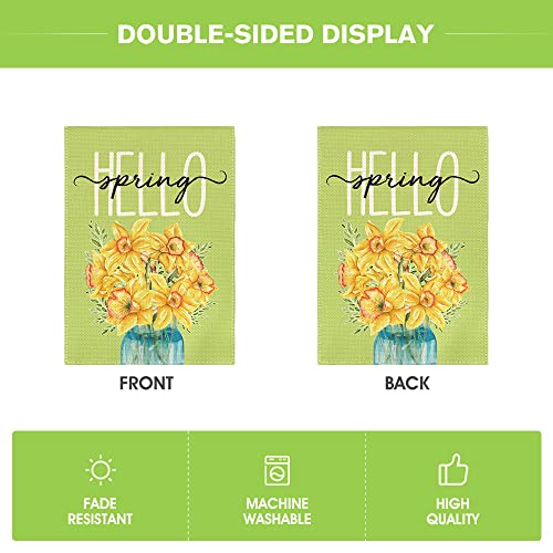 AVOIN colorlife Hello Spring Daffodil Garden Flag 12x18 Inch Double Sided Outside, Floral Mason Jar Seasonal Yard Outdoor Flag