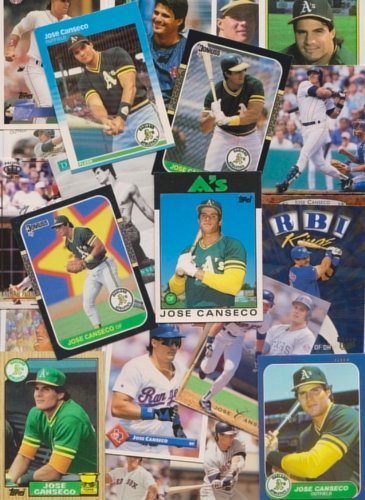 Jose Canseco / 100 Different Baseball Cards featuring Jose Canseco! Includes 1986 Topps Traded Rookie Card!