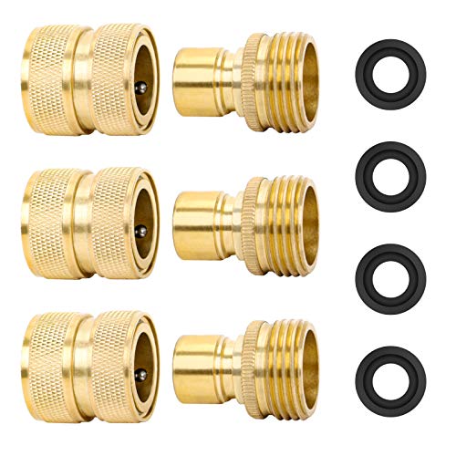 STYDDI Brass Full Flow Garden Hose Quick Release Connect Adaptor Fitting, Full Port Solid Brass Outdoor Water Hose Quick Disconnect Connector Coupler with Male and Female, with 4 Hose Washers - 3 Sets