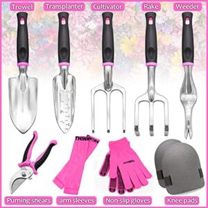 THINKWORK Pink Garden Tools, Gardening Gifts for Women, with 2 in 1 Detachable Storage Bag, Trowel, Transplanter, Rake, Weeder, Cultivator, Purning Shears and 3 Additional Protection Tools