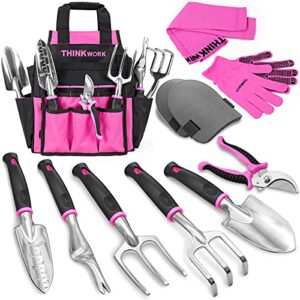 thinkwork pink garden tools, gardening gifts for women, with 2 in 1 detachable storage bag, trowel, transplanter, rake, weeder, cultivator, purning shears and 3 additional protection tools