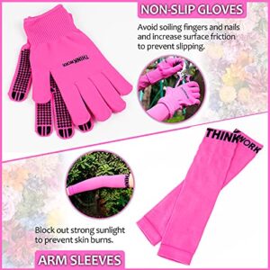 THINKWORK Pink Garden Tools, Gardening Gifts for Women, with 2 in 1 Detachable Storage Bag, Trowel, Transplanter, Rake, Weeder, Cultivator, Purning Shears and 3 Additional Protection Tools