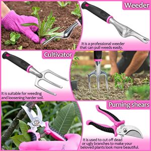 THINKWORK Pink Garden Tools, Gardening Gifts for Women, with 2 in 1 Detachable Storage Bag, Trowel, Transplanter, Rake, Weeder, Cultivator, Purning Shears and 3 Additional Protection Tools