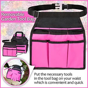 THINKWORK Pink Garden Tools, Gardening Gifts for Women, with 2 in 1 Detachable Storage Bag, Trowel, Transplanter, Rake, Weeder, Cultivator, Purning Shears and 3 Additional Protection Tools