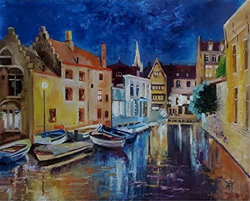 SOLD - Nighttime in Brugge, Belgium City by Internationally Renowned Painter Yary Dluhos