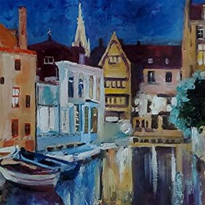 SOLD - Nighttime in Brugge, Belgium City by Internationally Renowned Painter Yary Dluhos