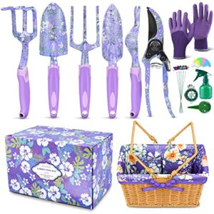 eaone 43pcs garden tools set with basket, floral gardening hand tools, gardening gifts for women and plant lovers, heavy duty tools kit including gardener gloves, trowel, weeder hand rake and pruner