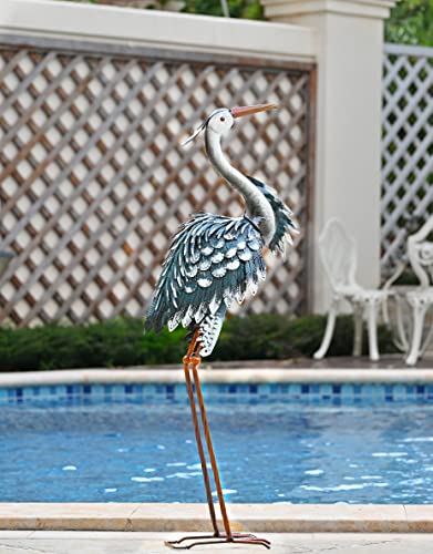 TERESA'S COLLECTIONS Garden Decor Blue Heron Sculptures Great Yard Decor, 33.8 Inch Metal Cranes Statues Decoy for Outdoor Outside Yard Art Patio Pond Pool Lawn Indoor Decorations