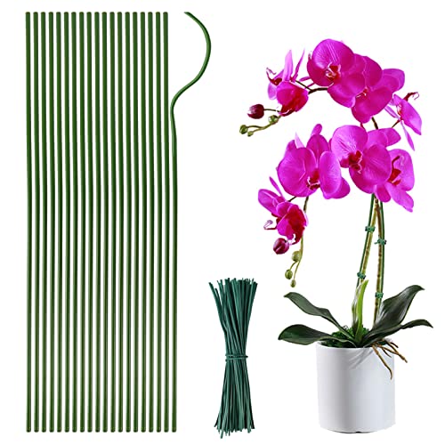 YESEEM 20Pcs 15.75 Inches Bendable Metal Orchid Stakes,Green Garden Plant Support,Plastic Coated Plant Stakes for Potted House Plants Indoor and Outdoor Included 100 Metallic Twist Ties,FHD007