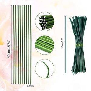 YESEEM 20Pcs 15.75 Inches Bendable Metal Orchid Stakes,Green Garden Plant Support,Plastic Coated Plant Stakes for Potted House Plants Indoor and Outdoor Included 100 Metallic Twist Ties,FHD007