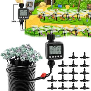 automatic drip irrigation kit with water timer 65.5ft, 1/4 tubing and 16 spray watering nozzles in 4 directions, automatic watering system for potted plants yard lawn grey