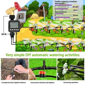 Automatic Drip Irrigation Kit with Water Timer 65.5FT, 1/4 Tubing and 16 Spray Watering Nozzles in 4 Directions, Automatic Watering System for Potted Plants Yard Lawn Grey