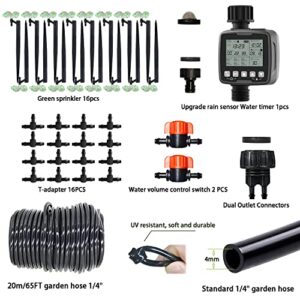 Automatic Drip Irrigation Kit with Water Timer 65.5FT, 1/4 Tubing and 16 Spray Watering Nozzles in 4 Directions, Automatic Watering System for Potted Plants Yard Lawn Grey