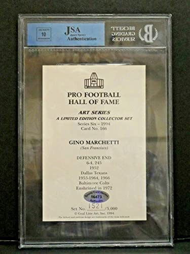 Gino Marchetti Football HOF Signed Goal Line Art Card with JSA & Beckett 10 Auto