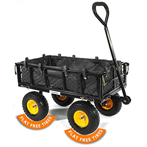 Yardsam Heavy Duty Steel Garden Cart with No-Flat Tires and Liner, 400Lb Capacity Lawn Yard Wagon with Flat-Free Tire Solid Wheels and Removable Sides for Outdoor, Gardening, Farm, Ranch - Black