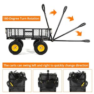 Yardsam Heavy Duty Steel Garden Cart with No-Flat Tires and Liner, 400Lb Capacity Lawn Yard Wagon with Flat-Free Tire Solid Wheels and Removable Sides for Outdoor, Gardening, Farm, Ranch - Black