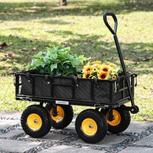 Yardsam Heavy Duty Steel Garden Cart with No-Flat Tires and Liner, 400Lb Capacity Lawn Yard Wagon with Flat-Free Tire Solid Wheels and Removable Sides for Outdoor, Gardening, Farm, Ranch - Black