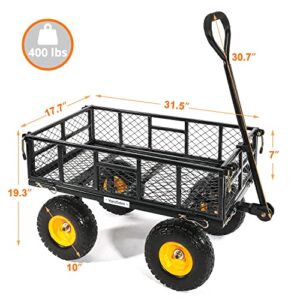 Yardsam Heavy Duty Steel Garden Cart with No-Flat Tires and Liner, 400Lb Capacity Lawn Yard Wagon with Flat-Free Tire Solid Wheels and Removable Sides for Outdoor, Gardening, Farm, Ranch - Black