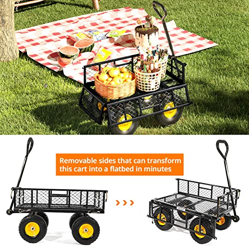 Yardsam Heavy Duty Steel Garden Cart with No-Flat Tires and Liner, 400Lb Capacity Lawn Yard Wagon with Flat-Free Tire Solid Wheels and Removable Sides for Outdoor, Gardening, Farm, Ranch - Black