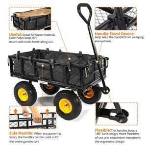 Yardsam Heavy Duty Steel Garden Cart with No-Flat Tires and Liner, 400Lb Capacity Lawn Yard Wagon with Flat-Free Tire Solid Wheels and Removable Sides for Outdoor, Gardening, Farm, Ranch - Black