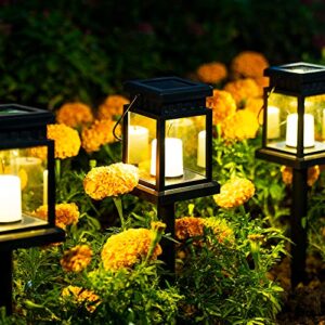 solpex solar pathway lights 8 pack led outdoor hanging lanterns garden solar lights with stake for walkway, waterproof decorative candle light effect lantern for pathway, patio, deck