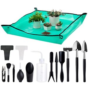 melphoe 23pcs mini garden hand transplanting succulent tools set, 39.4″ thickened repotting mat & plant tag, miniature planting indoor fairy care, potting, cactus, houseplant bonsai tool kit (black)