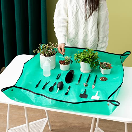 Melphoe 23Pcs Mini Garden Hand Transplanting Succulent Tools Set, 39.4" Thickened Repotting Mat & Plant Tag, Miniature Planting Indoor Fairy Care, Potting, Cactus, Houseplant Bonsai Tool Kit (Black)