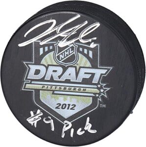 jacob trouba new york rangers autographed 2012 nhl draft logo hockey puck with “#9 pick” inscription – autographed nhl pucks