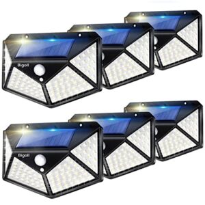 solar outdoor lights 6 packs, motion sensor solar powered lights ip65 waterproof, 100led/3 modes/270° lighting angle, wall security lights for fence yard garden patio front door