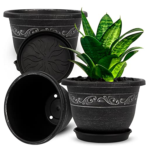 QCQHDU Plant Pots, 3 Packs 8 inch Planters with Drainage Hole Saucer, Plastic Flower Pots for Indoor Plants Retro Decorative for Outdoor Garden Container Sets(Silver-8 inch)