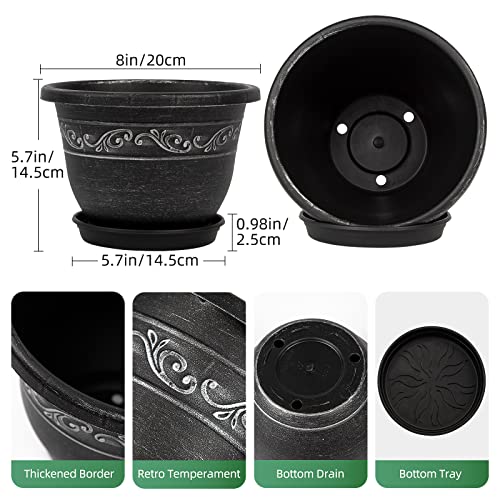 QCQHDU Plant Pots, 3 Packs 8 inch Planters with Drainage Hole Saucer, Plastic Flower Pots for Indoor Plants Retro Decorative for Outdoor Garden Container Sets(Silver-8 inch)