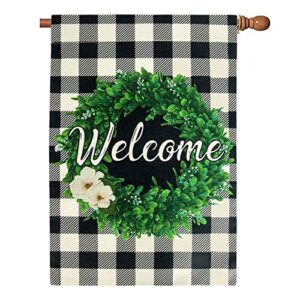 unves boxwood wreath welcome spring flag 28 x 40 double sided, burlap buffalo check plaid winter house flags rustic farmhouse spring winter yard garden decor, large welcome flag