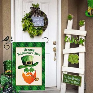 Baccessor St Patricks Day Garden Flag 12×18 Inch Double Sided Lucky Shamrock Clover Green Hat Welcome Burlap Yard Flags for Outside Yard Lawn Outdoor Irish St Patrick's Day Decoration