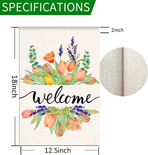 Pinknoke Spring Garden Flag 12x18 Inch Small Size Vertical Double Sided, Floral Tulip Lavender Burlap Summer Outdoor Seasonal Yard Welcome Decoration (Garden Size / 12.5 x 18 Inch)