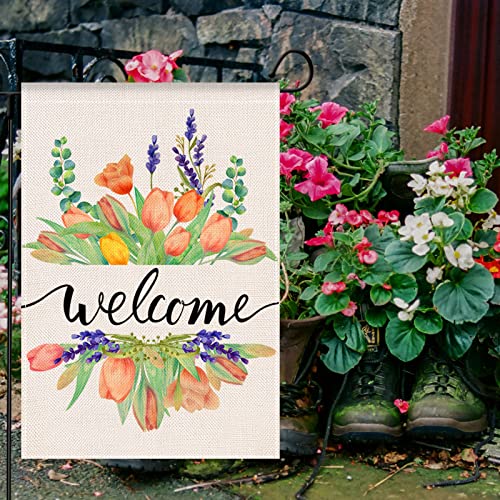 Pinknoke Spring Garden Flag 12x18 Inch Small Size Vertical Double Sided, Floral Tulip Lavender Burlap Summer Outdoor Seasonal Yard Welcome Decoration (Garden Size / 12.5 x 18 Inch)