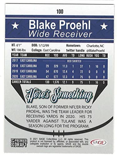 BLAKE PROEHL RC 2021 SAGE Hit Premier Draft Silver #100 ROOKIE NM+-MT+ Football Parallel Version