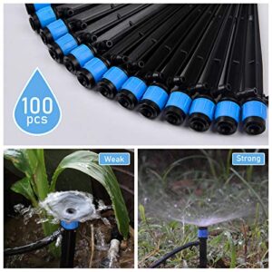 Kalolary 100PCS Irrigation Drippers Drip Emitters, Micro Spray Adjustable 360 Degree Full Circle Pattern Water Flow Bubbler Sprinkler Fits 1/4 (4-6mm) Irrigation Tubing for Garden Irrigation(Blue)