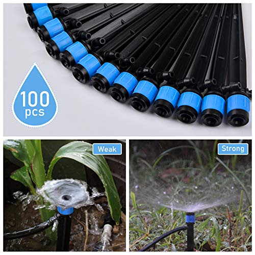 Kalolary 100PCS Irrigation Drippers Drip Emitters, Micro Spray Adjustable 360 Degree Full Circle Pattern Water Flow Bubbler Sprinkler Fits 1/4 (4-6mm) Irrigation Tubing for Garden Irrigation(Blue)