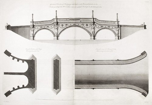 Geometrical elevation of a Bridge to be built over the River in the Garden at Sion. Plan of the Foundations of the Bridge. Plan of the Carriage and Footways of the Bridge